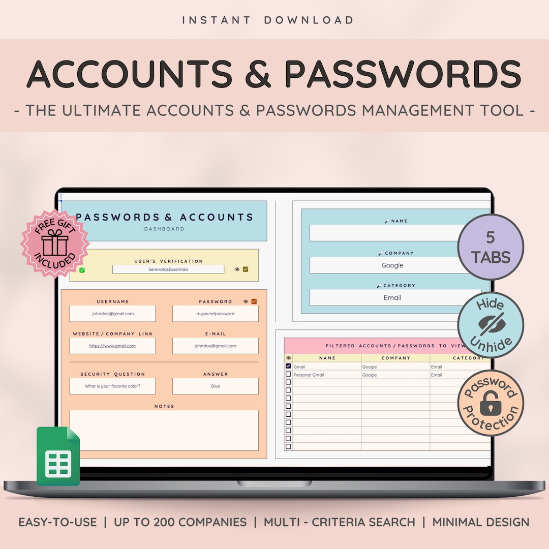 Accounts Tracker for Google Sheets Passwords Tracker Spreadsheet ...