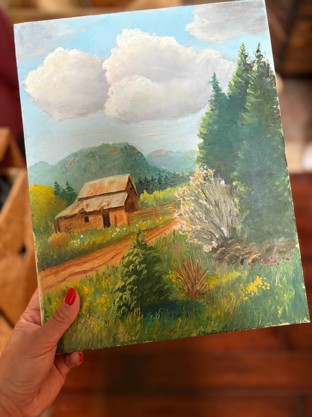 Rustic Cabin in Bloom – Original Oil Landscape Painting on Canvas ...