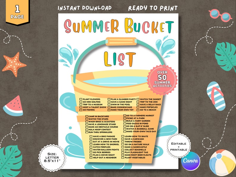 Printable Editable SUMMER BUCKET LIST - Etsy