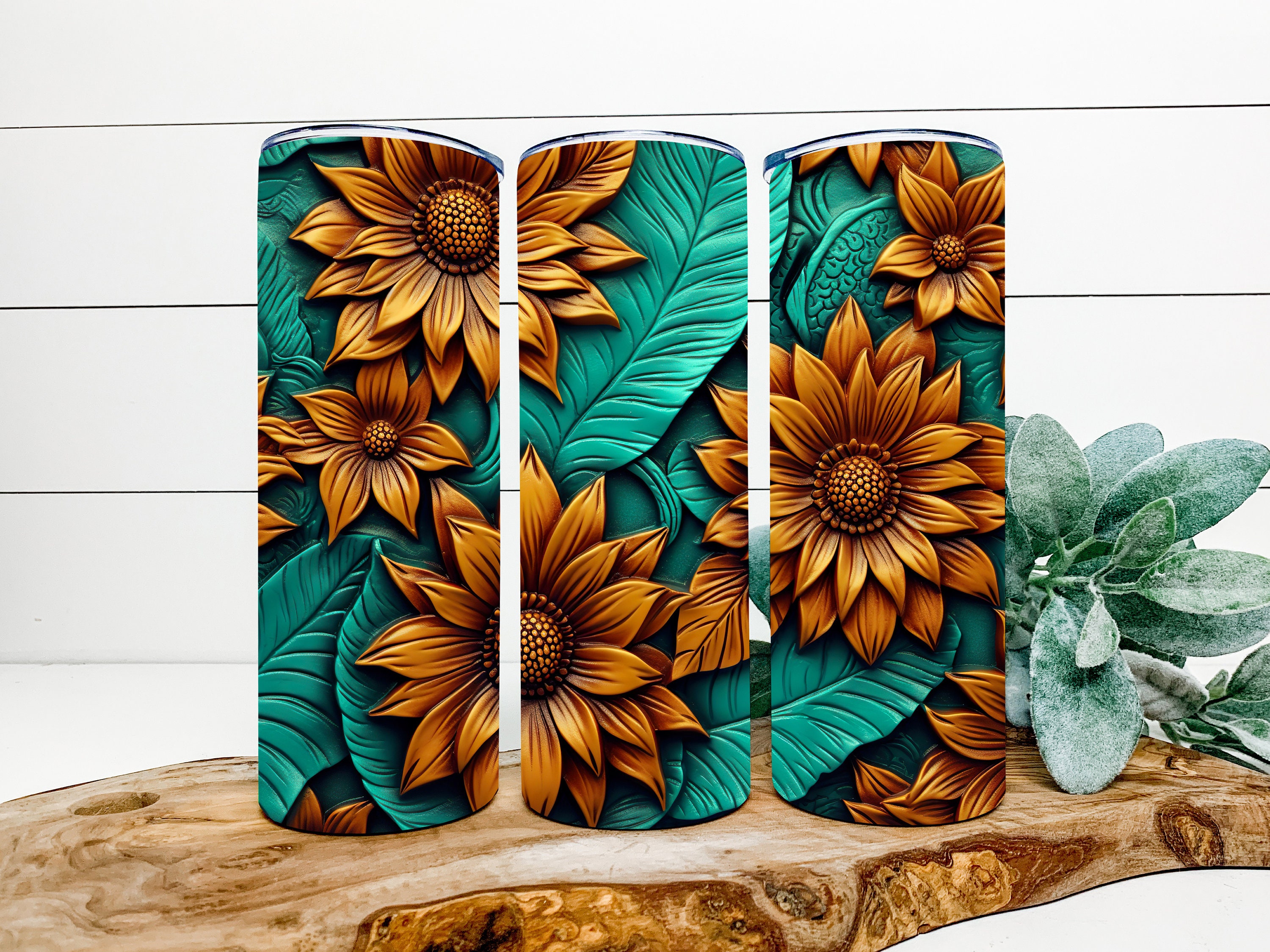 3D Turquoise Tooled Leather Sunflower Tumbler Wrap, 20oz Skinny Tumbler ...