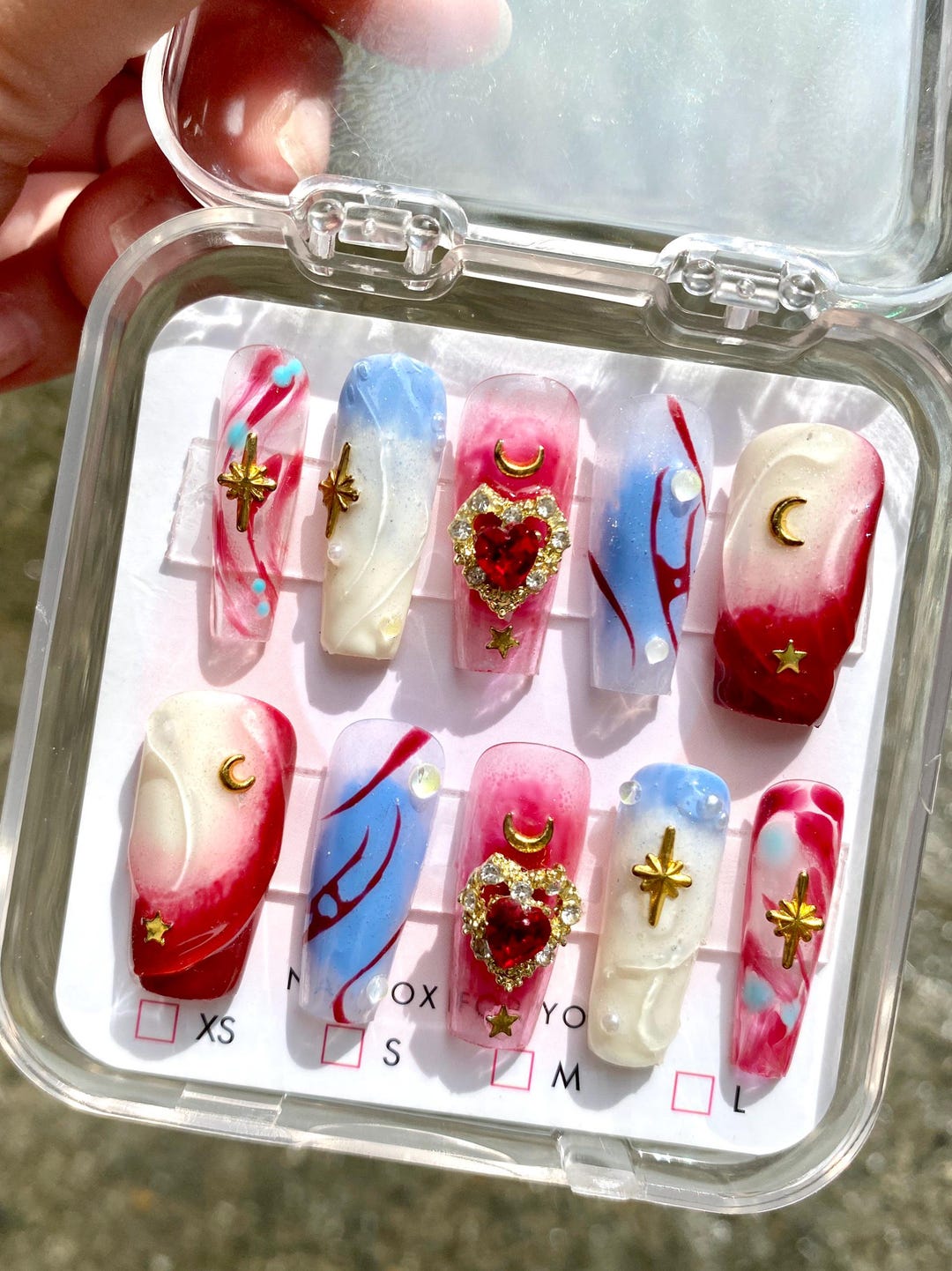 Celestial Red Blue Press on Nails, Heart Gem, Moon Star Charm Nails ...