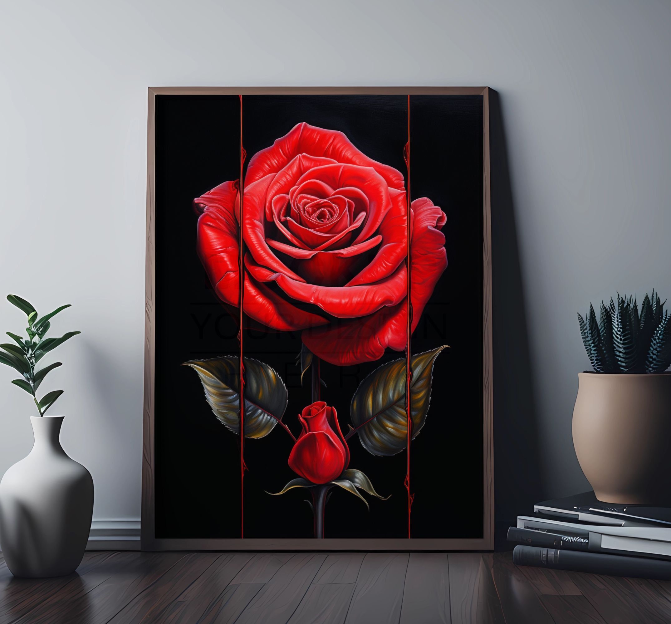 Printable Flame Red Rose Oil Painting, Black Background, Vibrant ...
