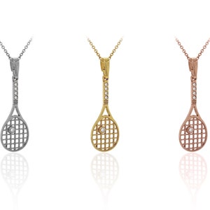 Solid Gold Diamond Tennis Racket Necklace (9K, 14K, 18K), Sport Lover ...