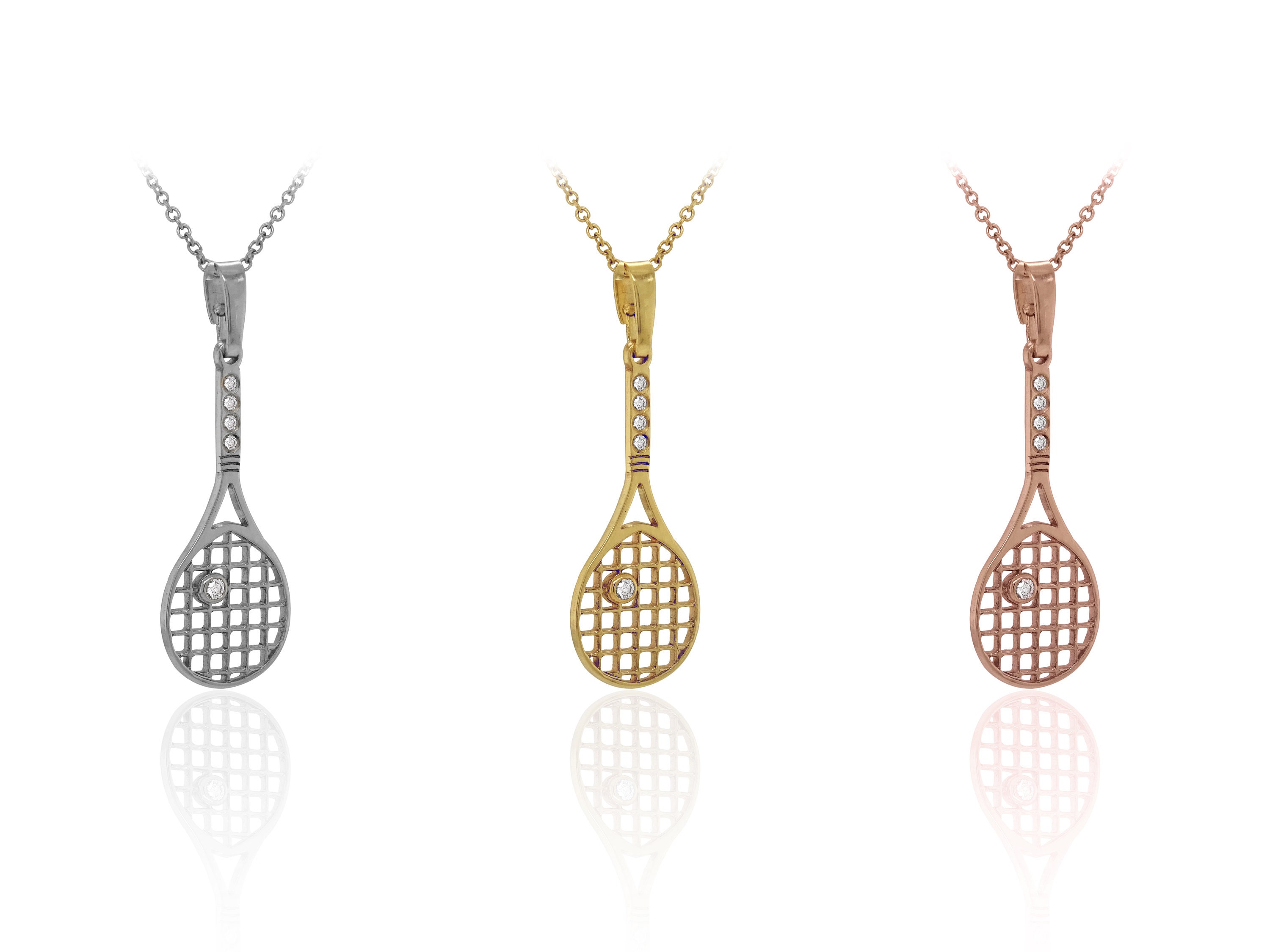 Solid Gold Diamond Tennis Racket Necklace (9K, 14K, 18K), Sport Lover ...