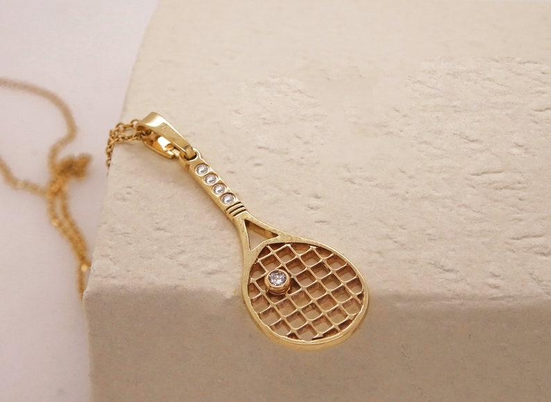 Solid Gold Diamond Tennis Racket Necklace (9K, 14K, 18K), Sport Lover ...