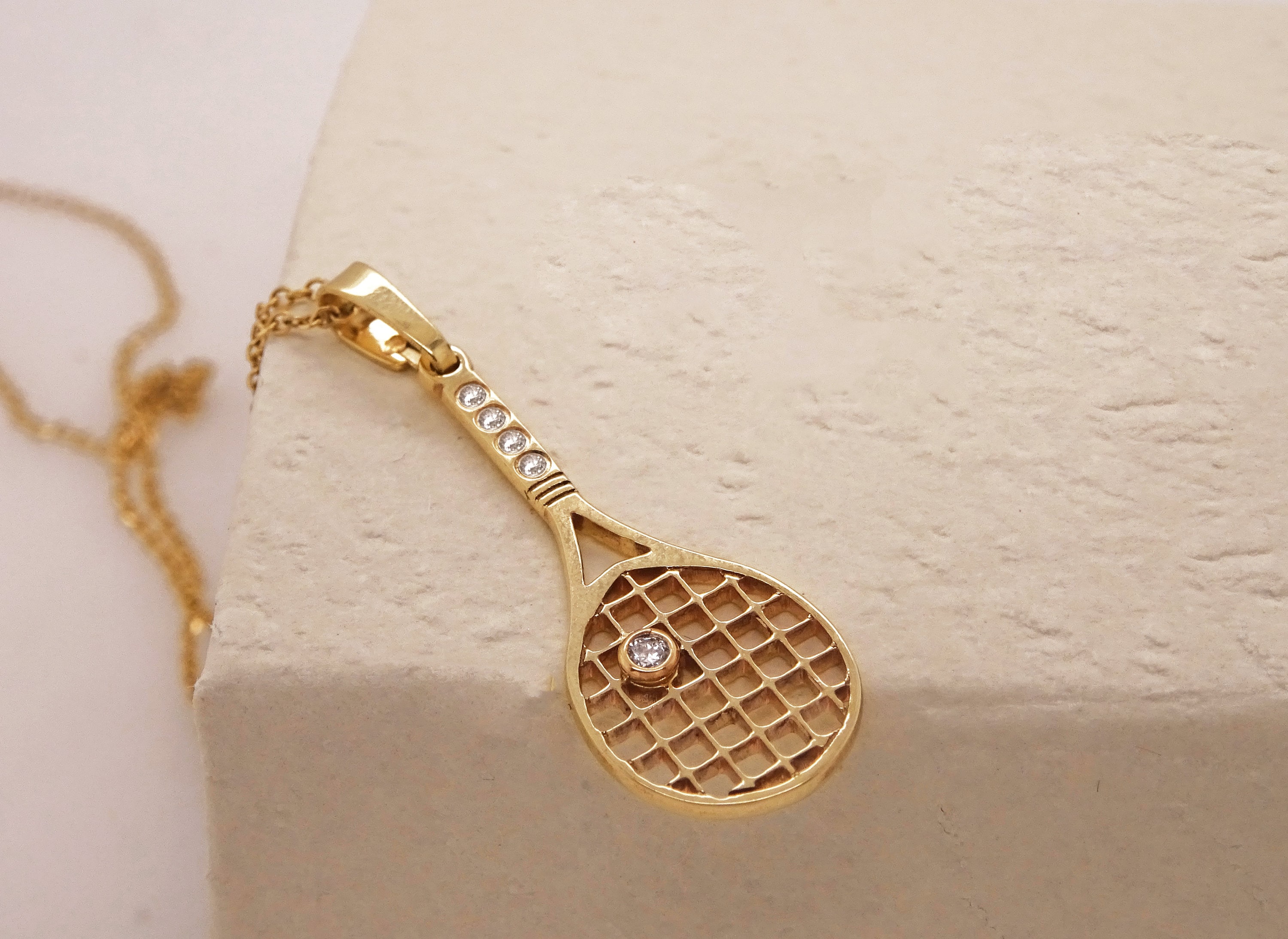 Solid Gold Diamond Tennis Racket Necklace (9K, 14K, 18K), Sport Lover ...