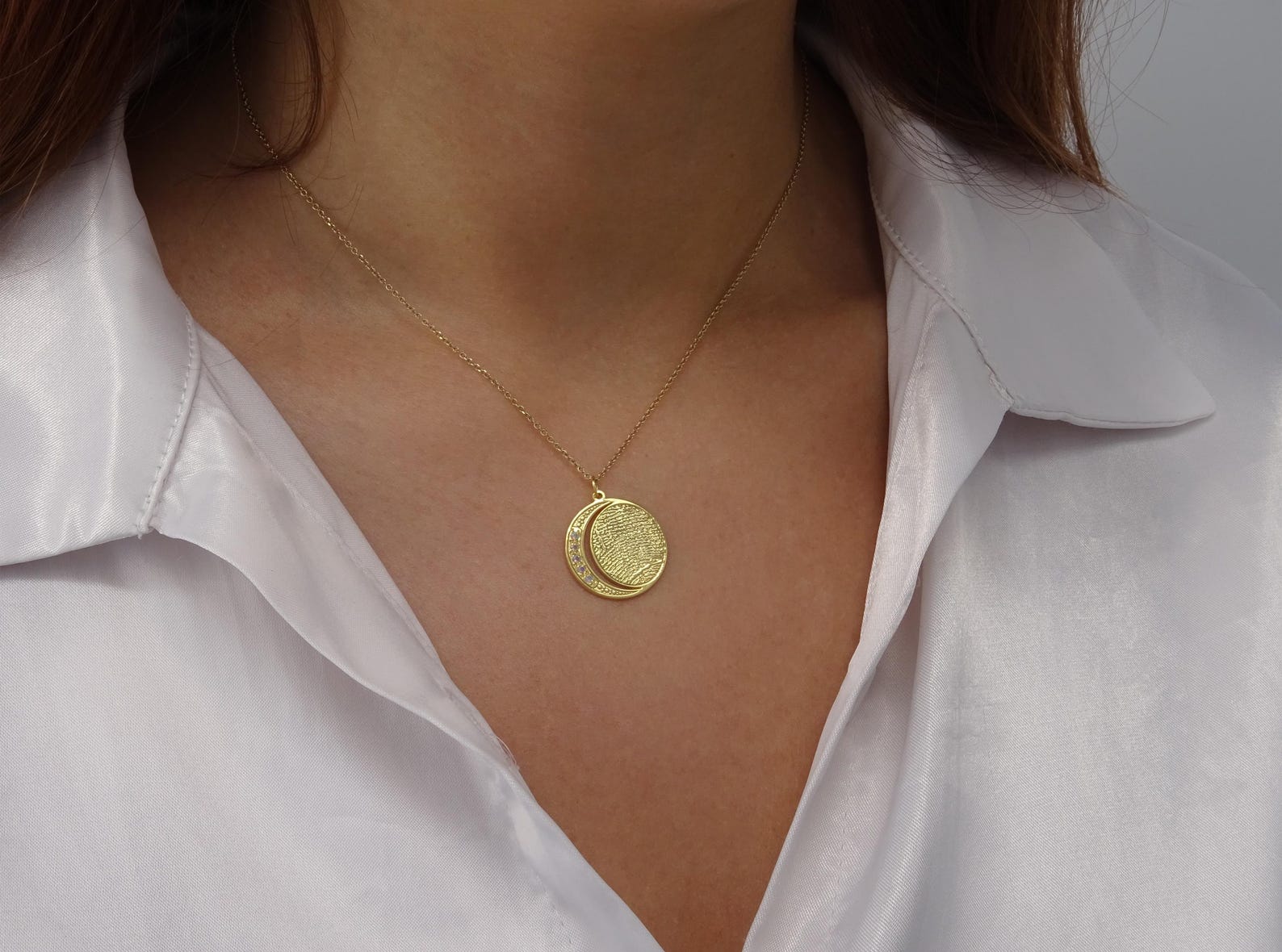 Solid Gold Fingerprint Moon Necklace, Opal Crescent Pendant - Etsy