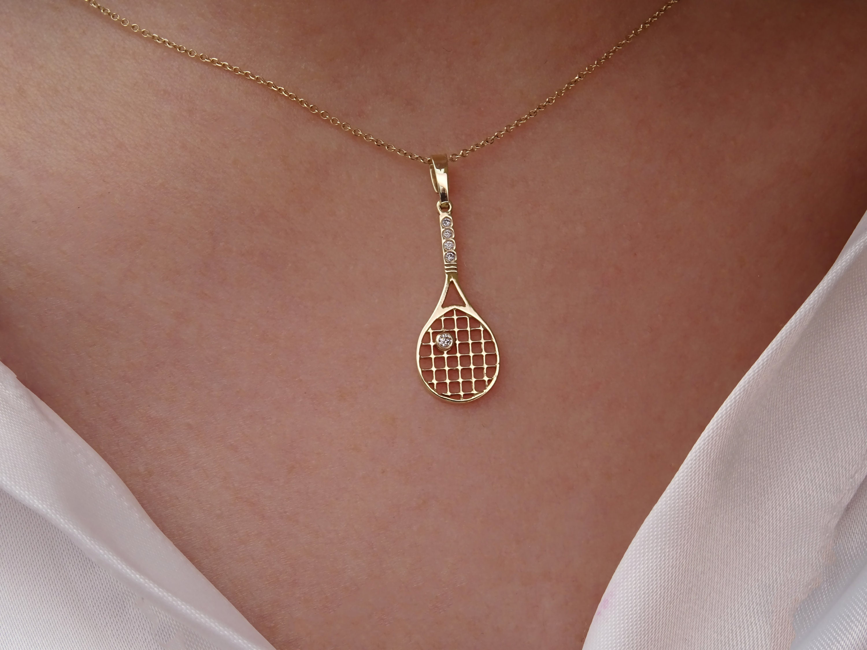 Solid Gold Diamond Tennis Racket Necklace, Gold Plated Racket Tennis ...