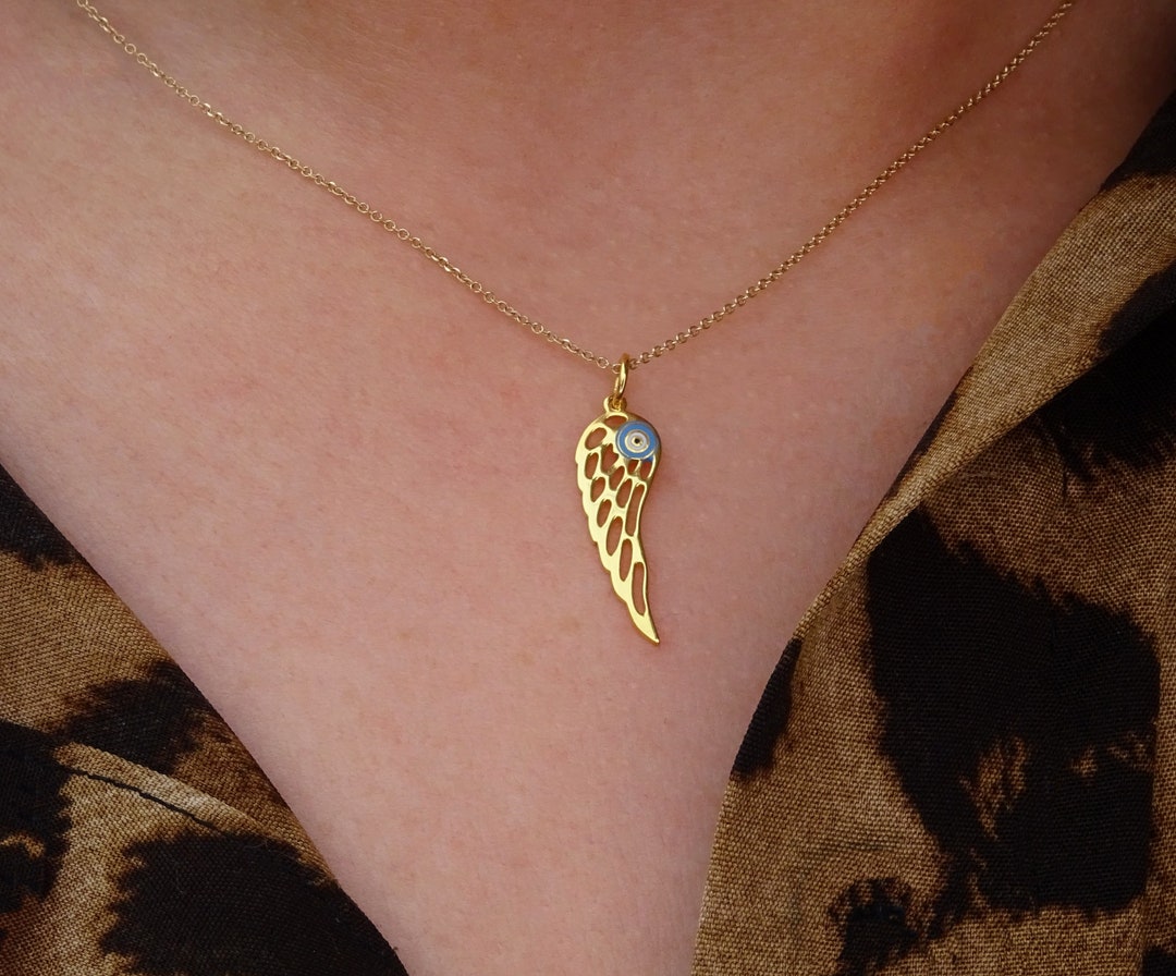 Solid Gold Angel Wing & Evil Eye Necklace, Protection Pendant, Gift for ...