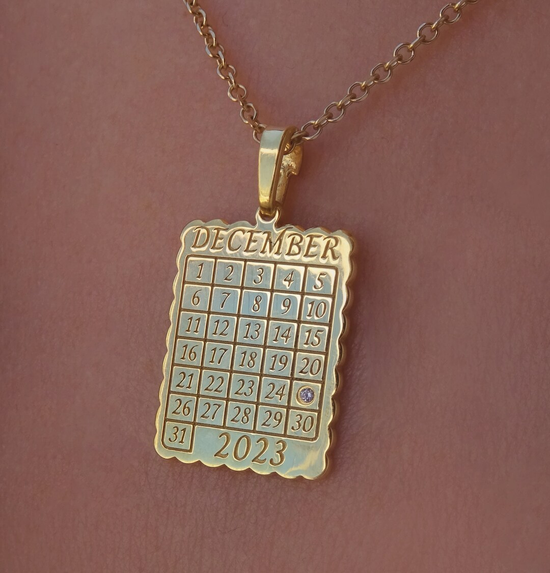 Gold Calendar Diamond Pendant K18, Personalized Birthday Necklace ...