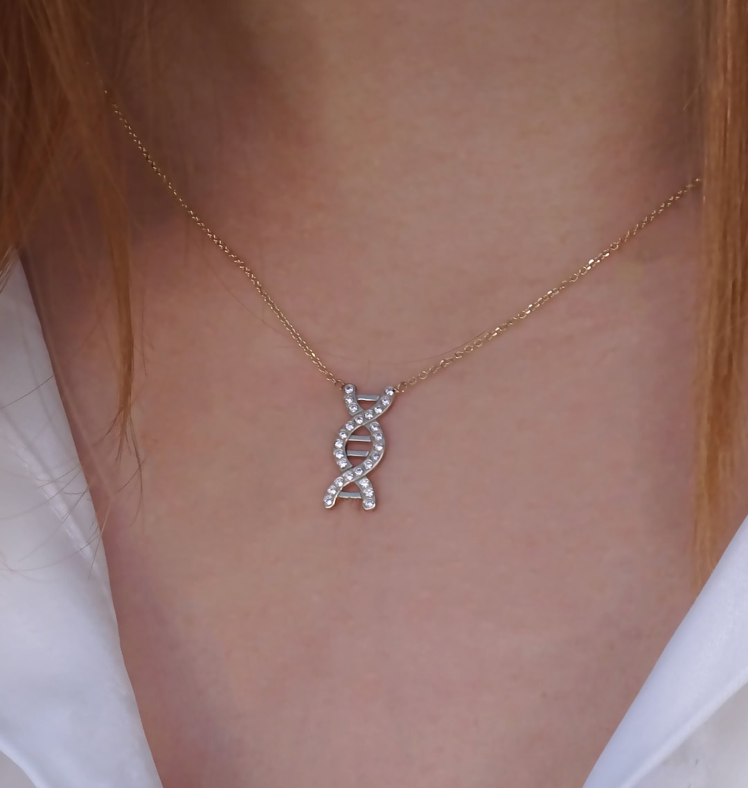 Gold DNA Helix Pendant K14, Cubic Zirconia Pendant, Biology Jewelry - Etsy