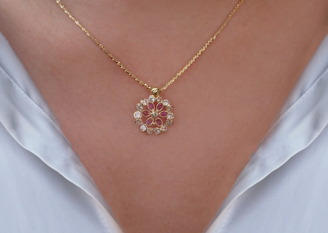 Solid Gold Flower Gemstone Necklace, Memorial Jewelry, Gold Flower ...