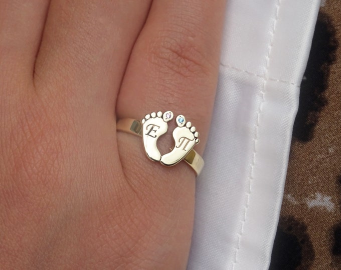 14K Gold Baby Feet Ring, Personalized Baby Feet Name Band, Birthstone ...