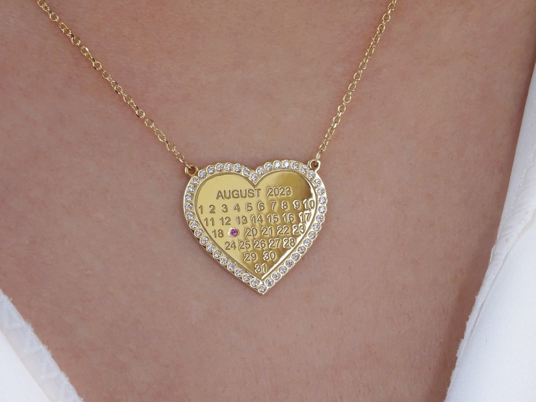 Solid Gold Custom Birthstone Necklace K9, Heart Gemstone Necklace ...