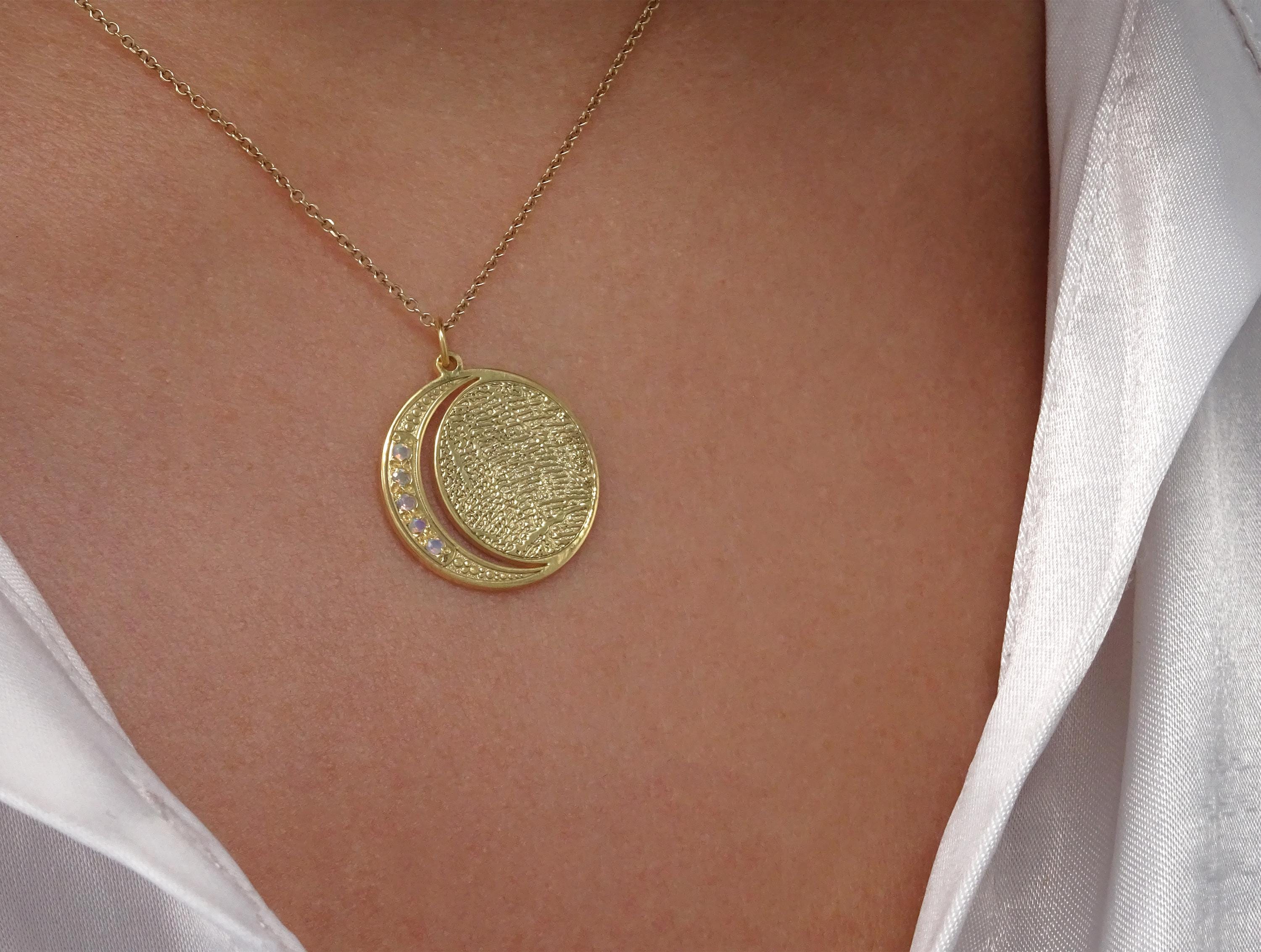 Solid Gold Fingerprint Moon Necklace, Opal Crescent Pendant - Etsy