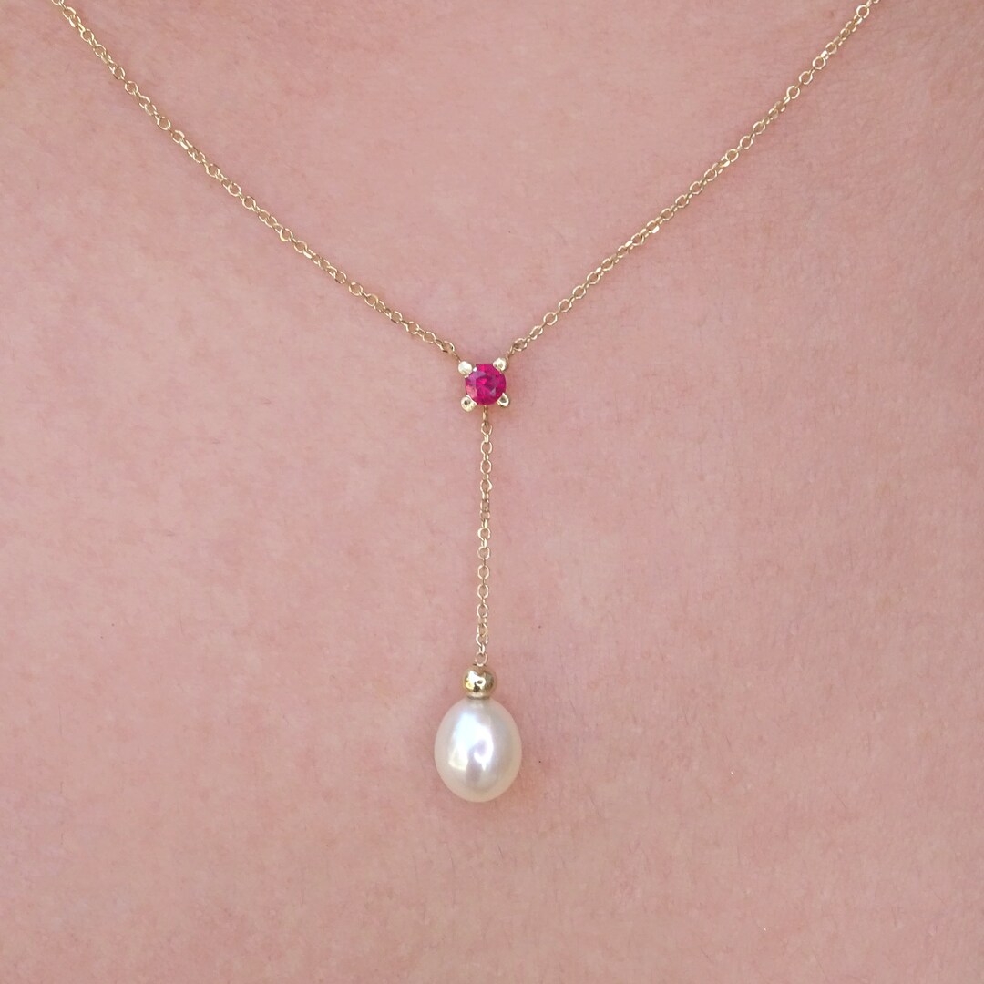 Solid Gold 9K Ruby & Pearl Necklace, Delicate 14K Gold Minimalist ...