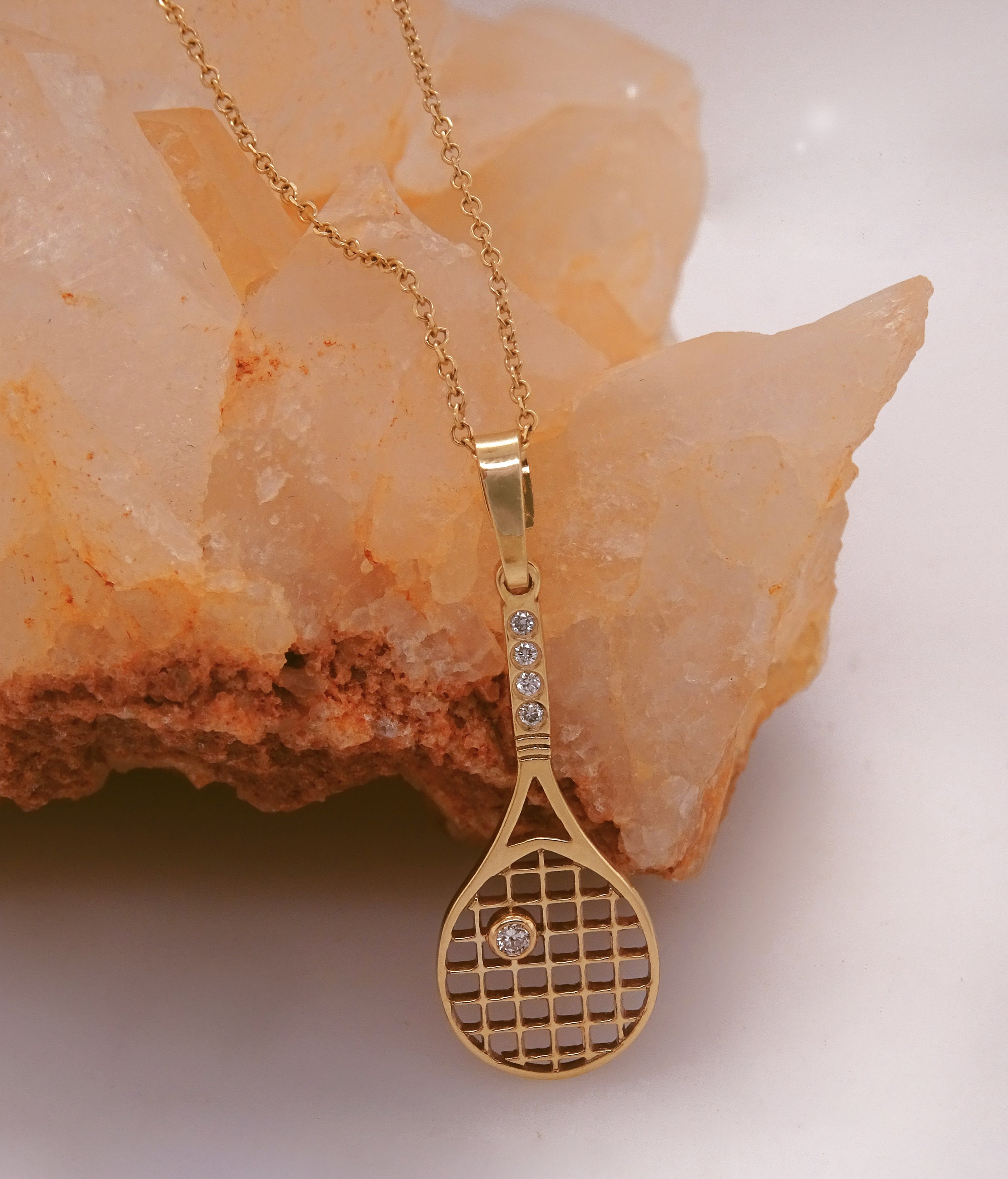 Solid Gold Diamond Tennis Racket Necklace (9K, 14K, 18K), Sport Lover ...