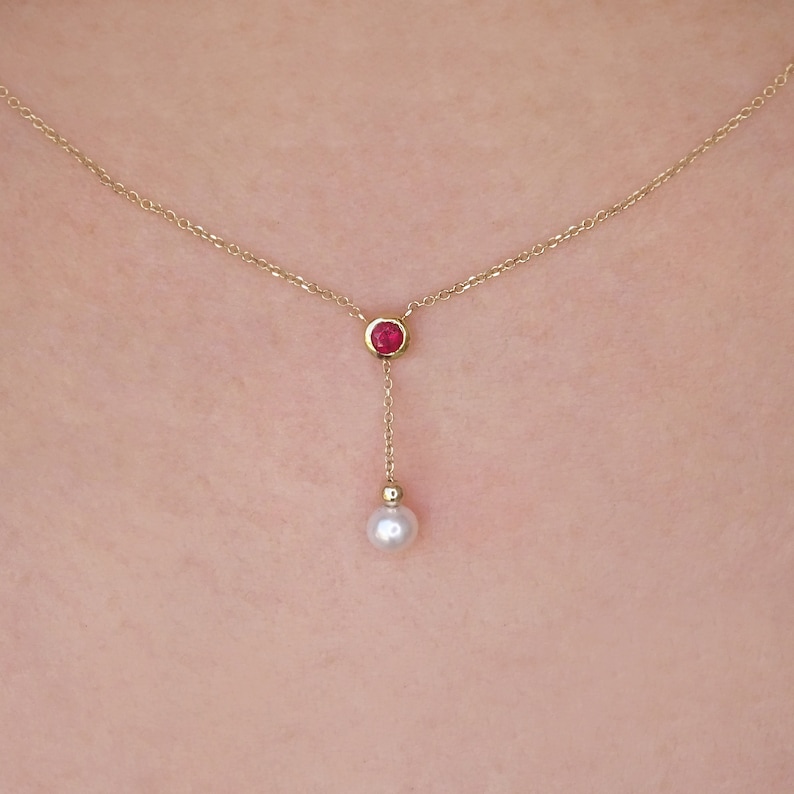Solid Gold 9K Ruby & Pearl Necklace, Delicate 14K Gold Minimalist ...