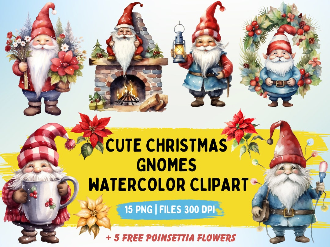 Cute Christmas Gnomes Watercolor Clipart | 15 PNG Files for Christmas ...