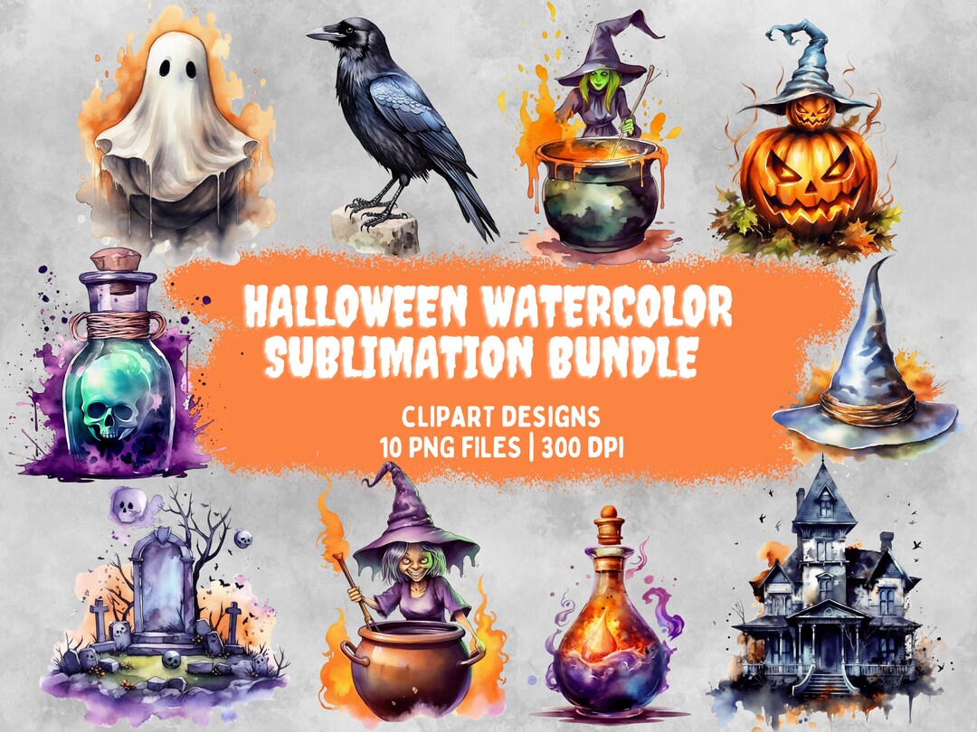 Halloween Watercolor Sublimation Clipart Bundle | 10 PNG Files for Mugs ...