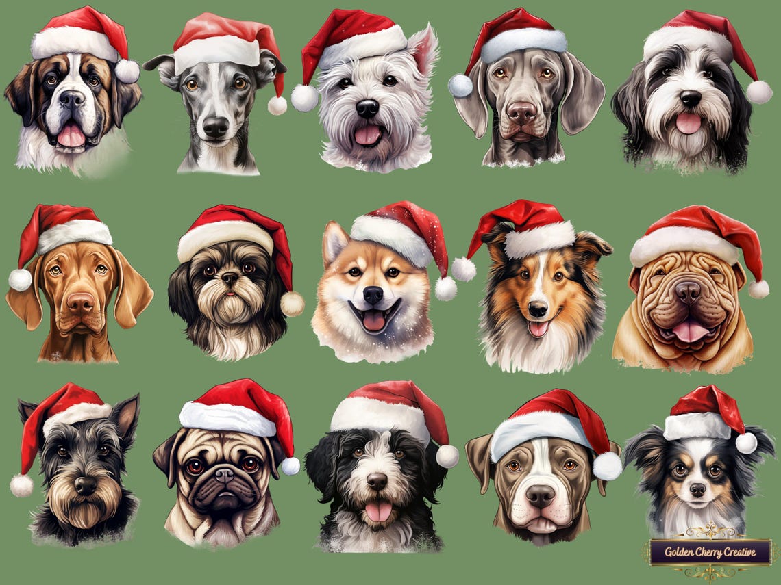 Dogs in Santa Hats Clipart: 62 Christmas PNG Files (digital Download ...