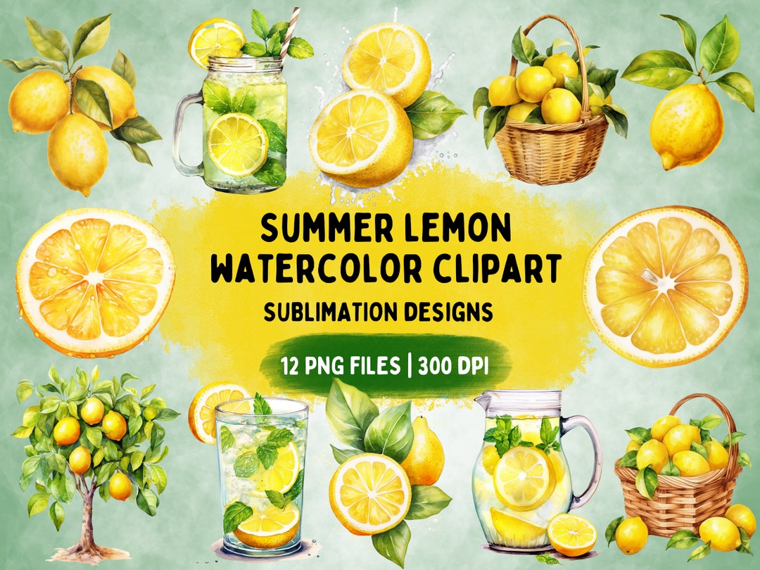 Summer Watercolor Lemon Clipart Bundle | 12 Sublimation PNG Files - Etsy
