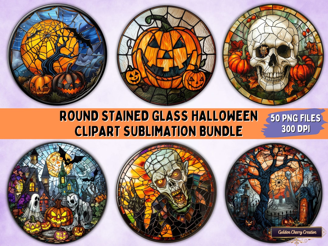 Stained Glass Halloween Clipart Bundle: 50 Round PNG Files (digital ...