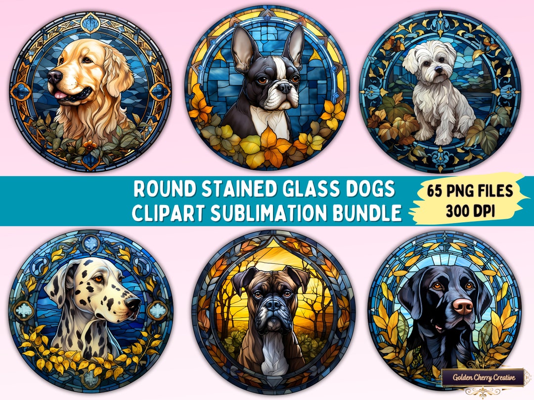 Round Stained Glass Dogs Clipart Sublimation Bundle 65 PNG Files for ...