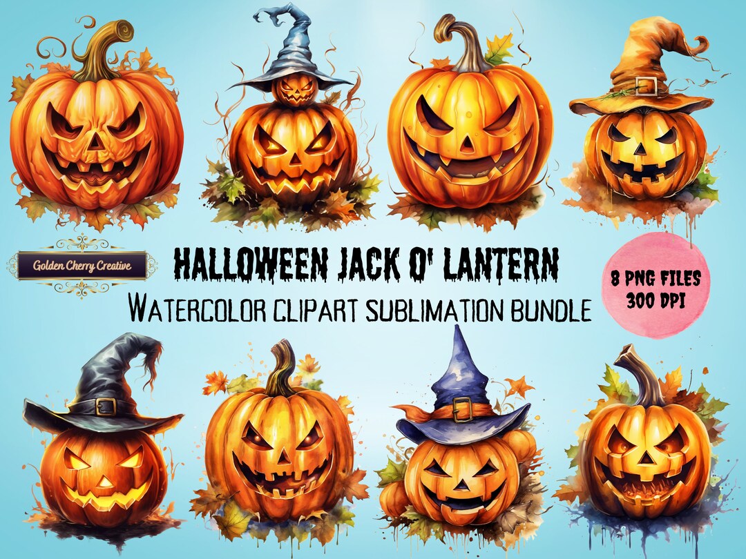 Halloween Watercolor Jack O Lantern Clipart Sublimation Bundle. PNG ...