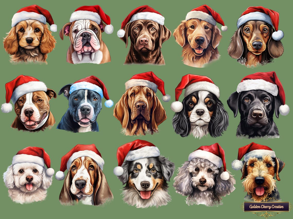 Dogs in Santa Hats Clipart: 62 Christmas PNG Files (digital Download ...