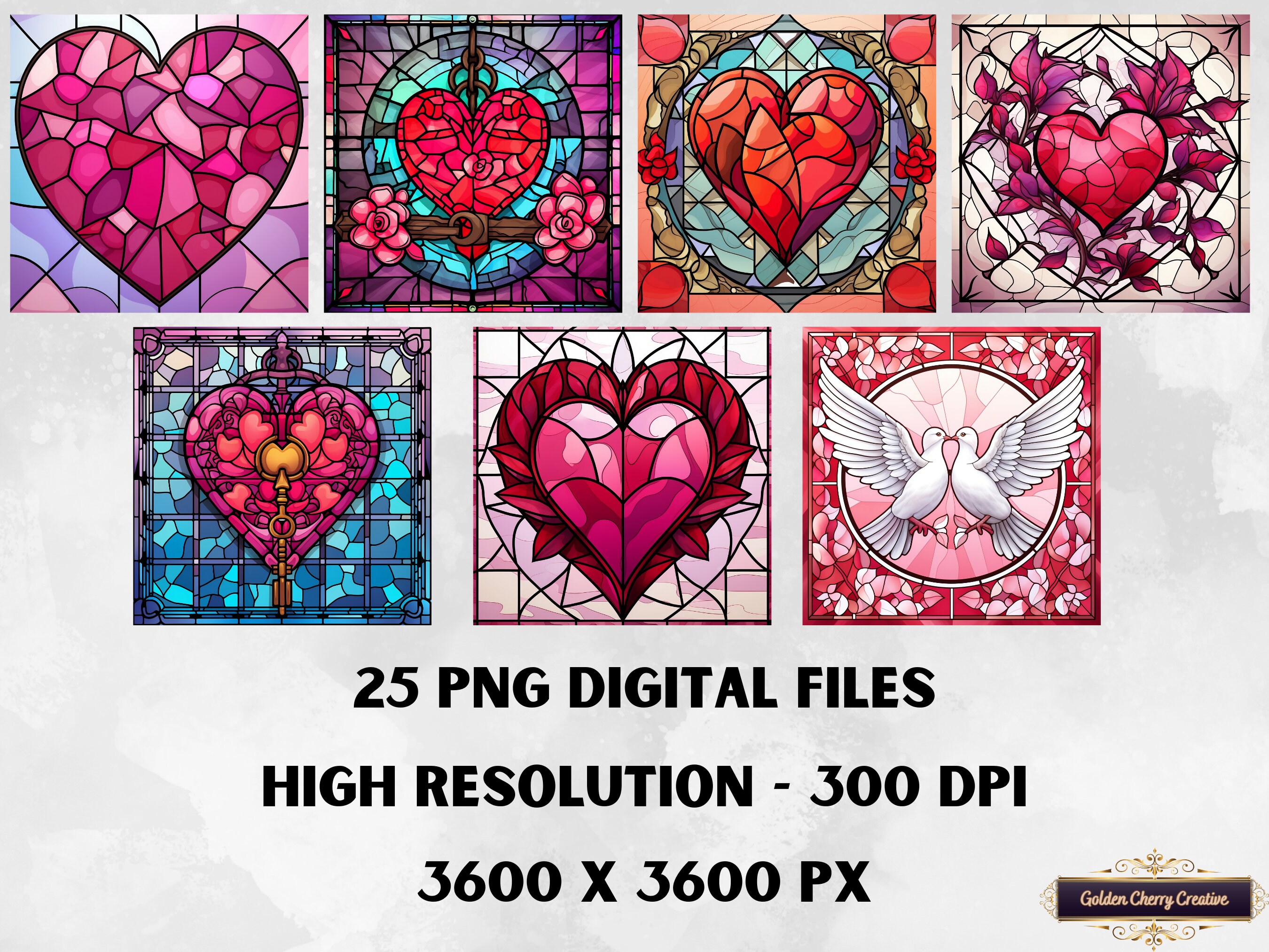 Square Stained Glass Valentine's Day Clipart Sublimation Bundle 25 PNG ...