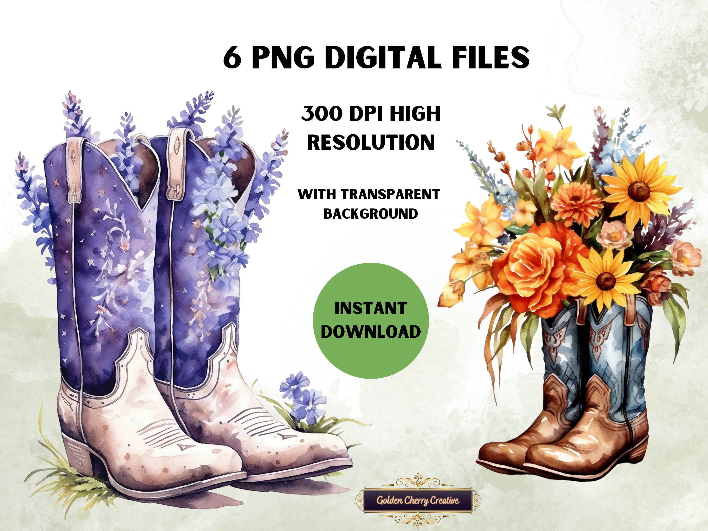 Floral Cowboy Boots Watercolor Clipart Sublimation Bundle | 6 PNG Files ...