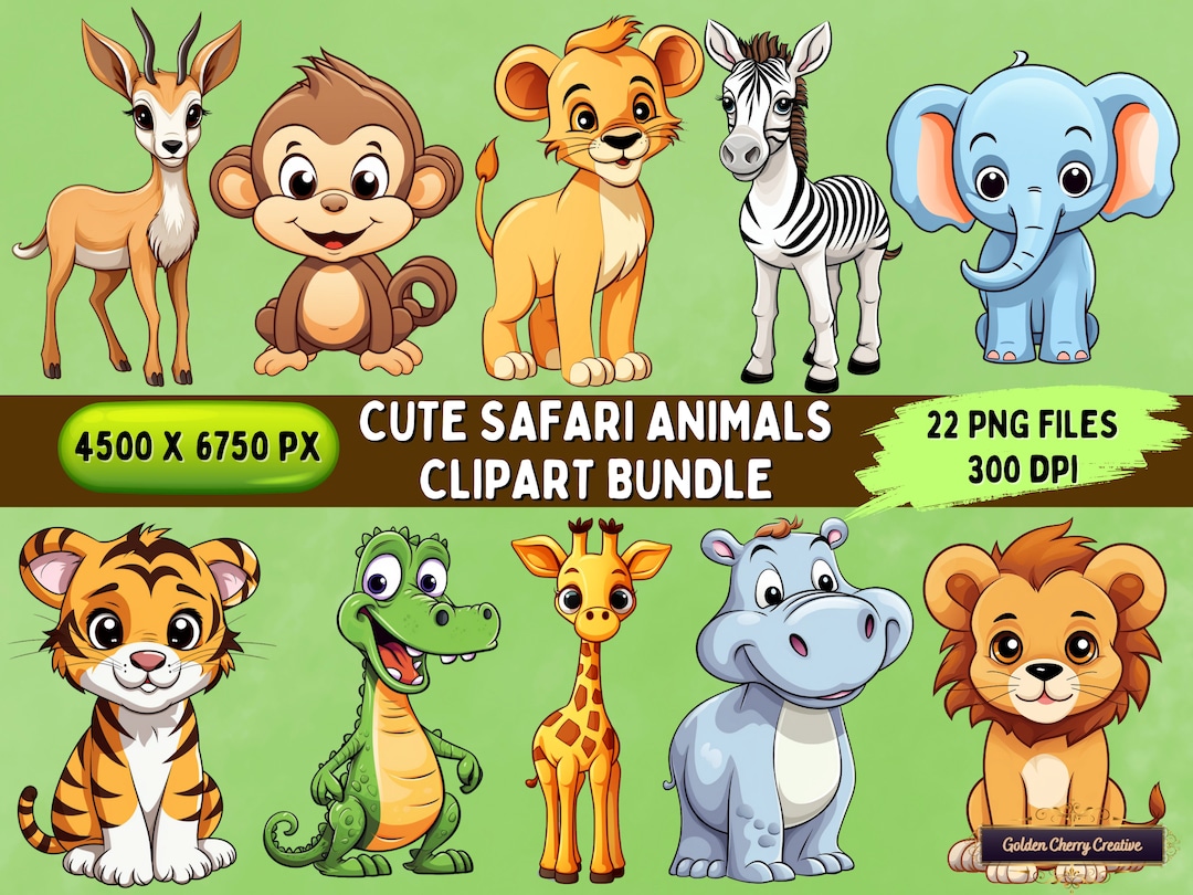 Cute Safari Animals Clipart Bundle | 22 PNG Files for Cards, Stickers ...