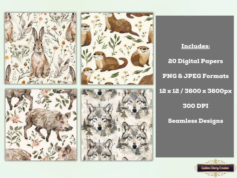 Woodland Animals Seamless Patterns | 20 PNG & JPEG Files | Forest ...