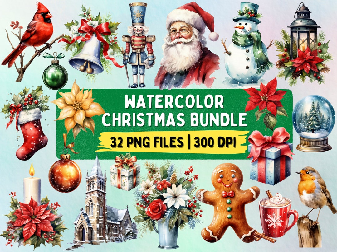 Watercolor Christmas Clipart Bundle | Watercolor Winter Clipart | 32 ...