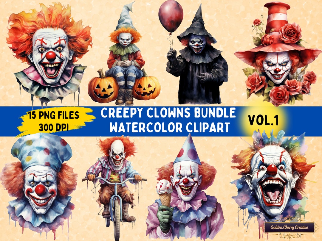 Creepy Clowns Bundle Vol. 1 | Watercolor Sublimation Clipart | 15 PNG ...