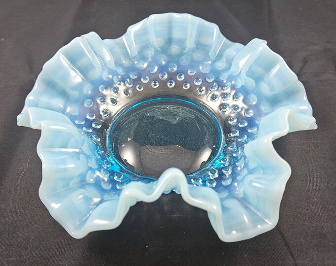 Vintage Fenton Blue Opalescent Hobnail Bowl/dish With Crimped Ruffle ...