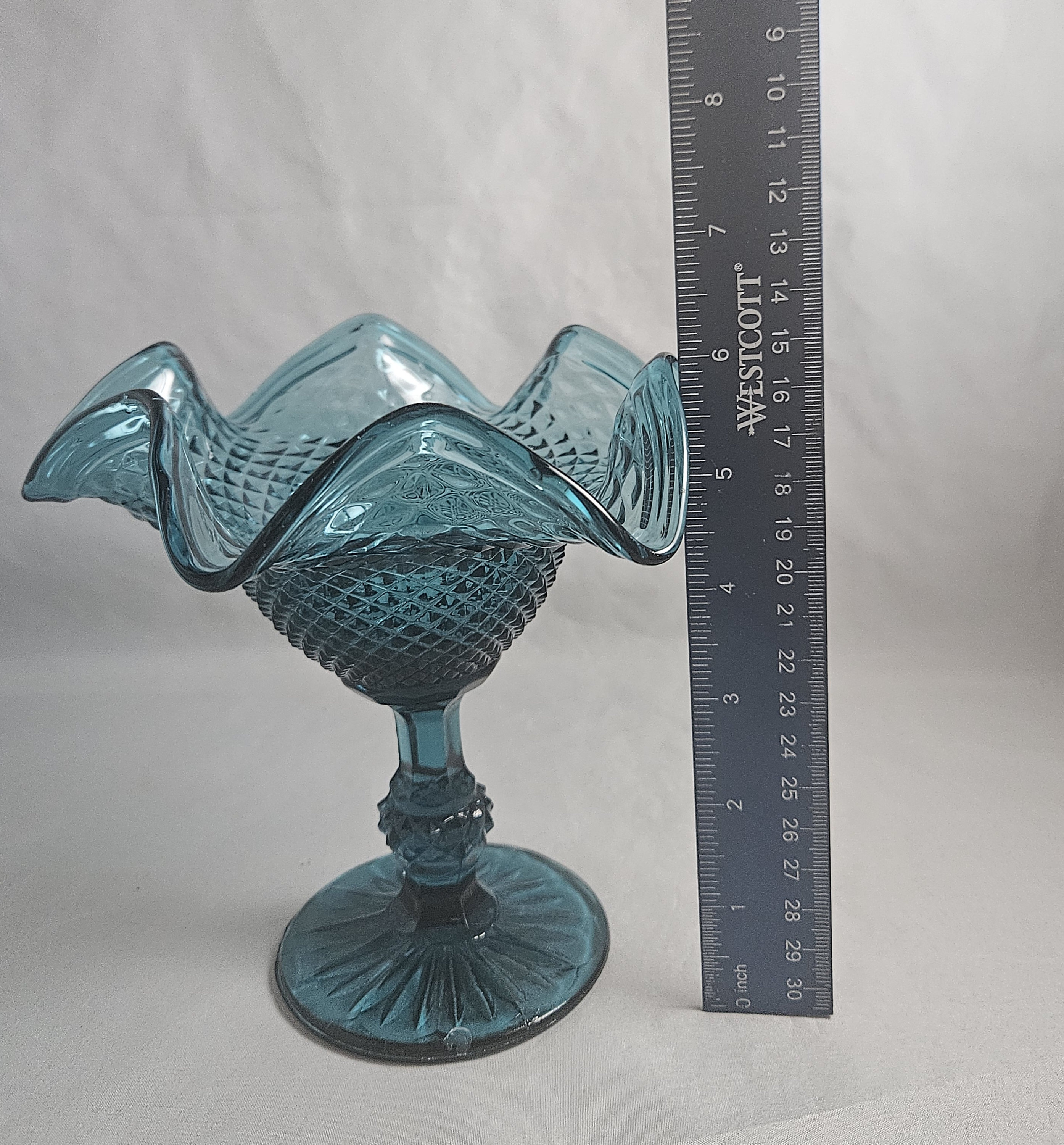 Vintage 1940s Ivima Glass Co Blue Diamond Teal Pedestal Compote Portugal Etsy