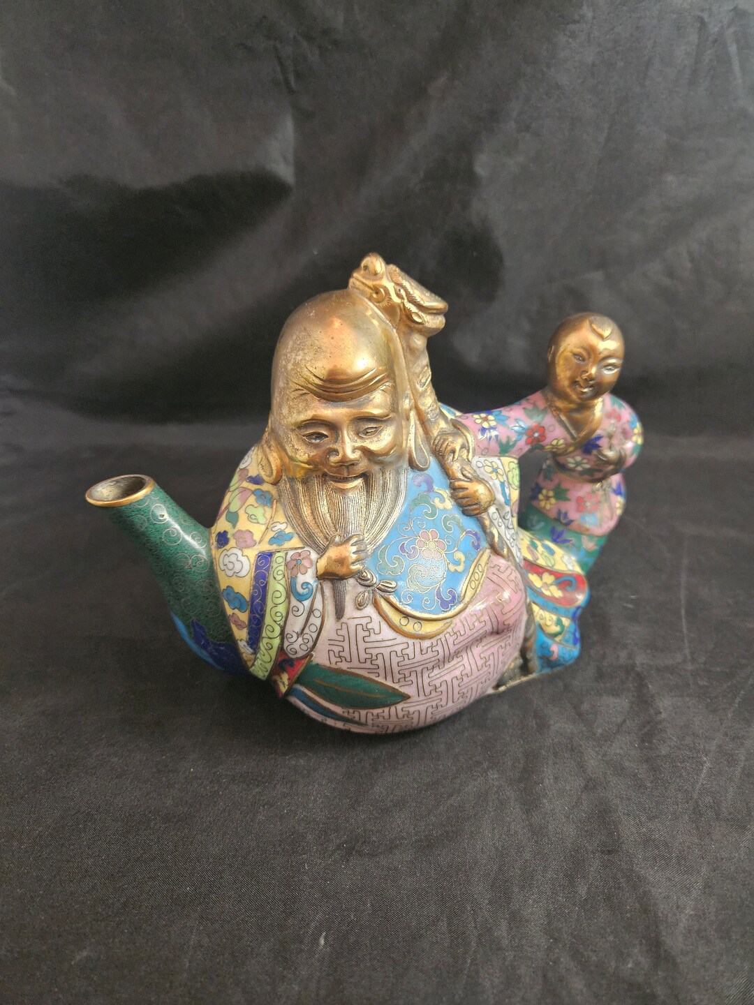 Vintage Chinese Brass Buddha Teapot Shou Lau: Longevity God and Boy ...