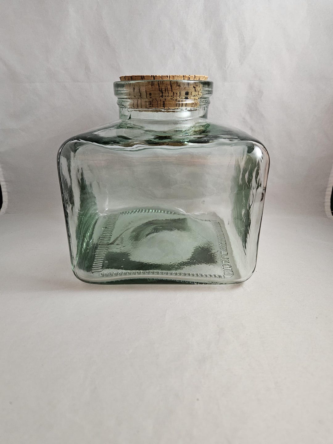 Vintage Aqua Green Glass Square Canister Jar Cork Top Green Glass Made ...