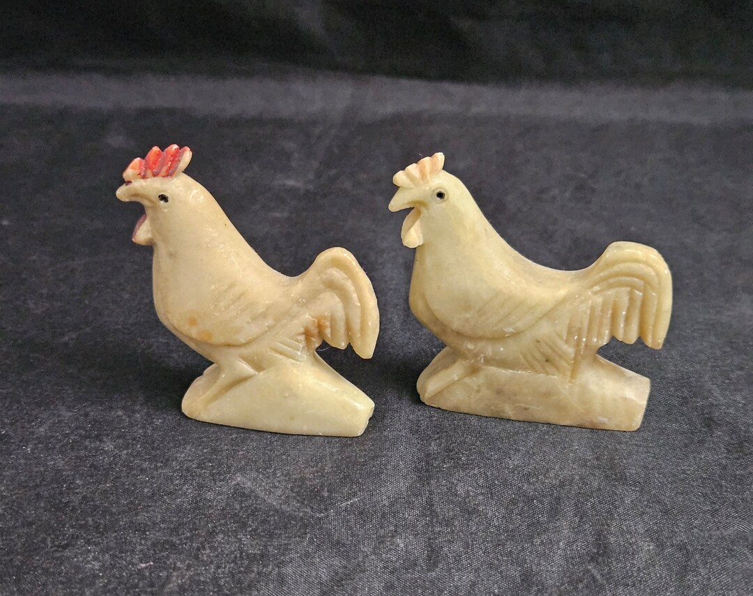 Rooster and Hen Set Stone Figurine Whistle Vintage Carved Soapstone ...