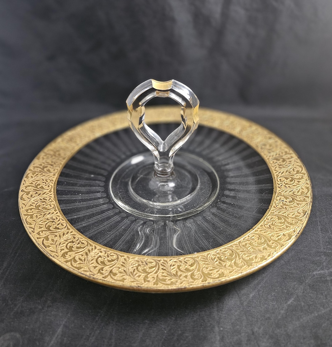 Vintage Round Glass Cookie Tray With Center Glass Handle With Gold Rim ...