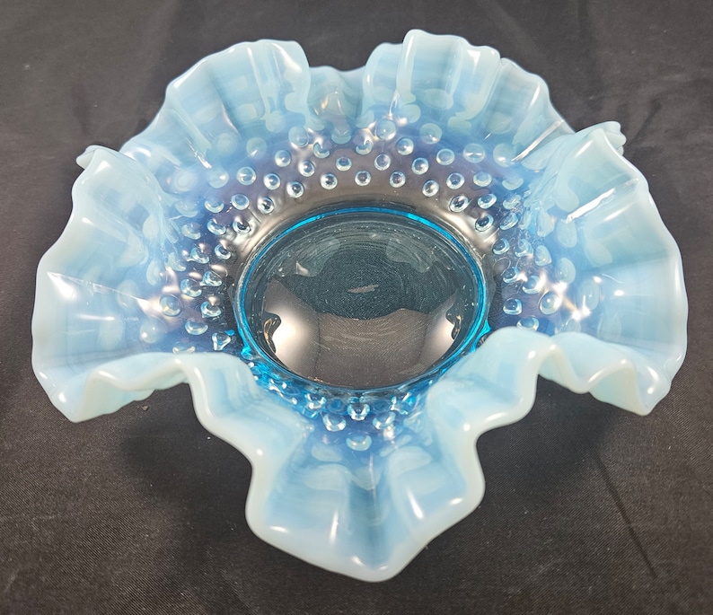 Vintage Fenton Blue Opalescent Hobnail Bowl/dish With Crimped Ruffle ...