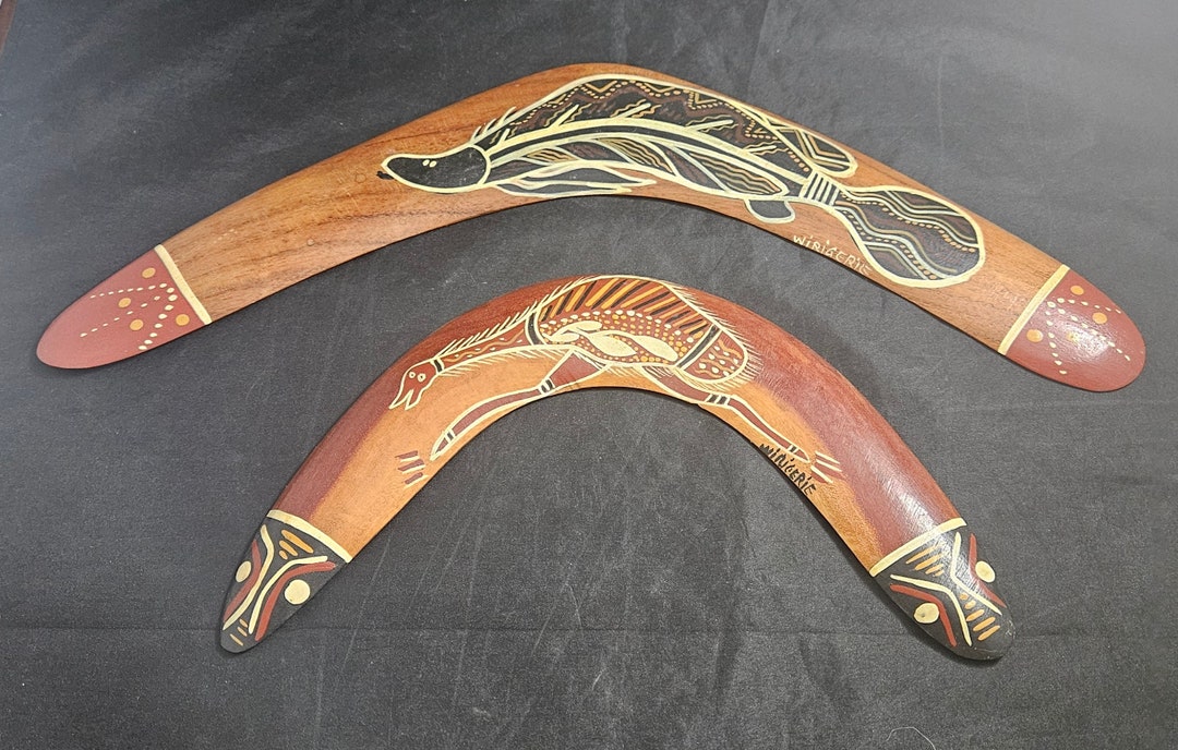 TWO Vtg Boomerangs, Hand Painted Artwork Aboriginal Motif, Australian ...