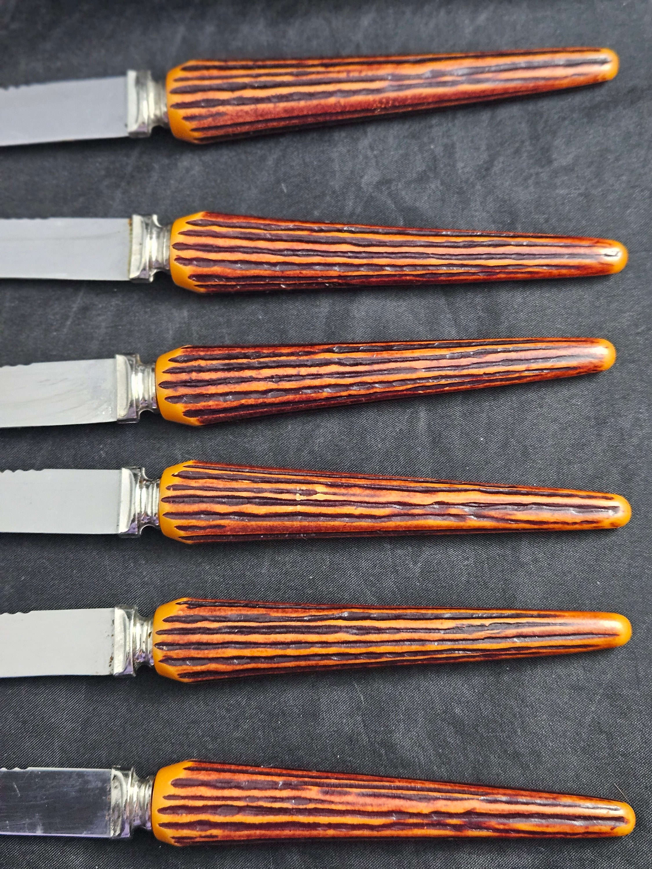 Vintage Sheffield England Bakelite Knives Faux Carved Wood Stag Horn ...
