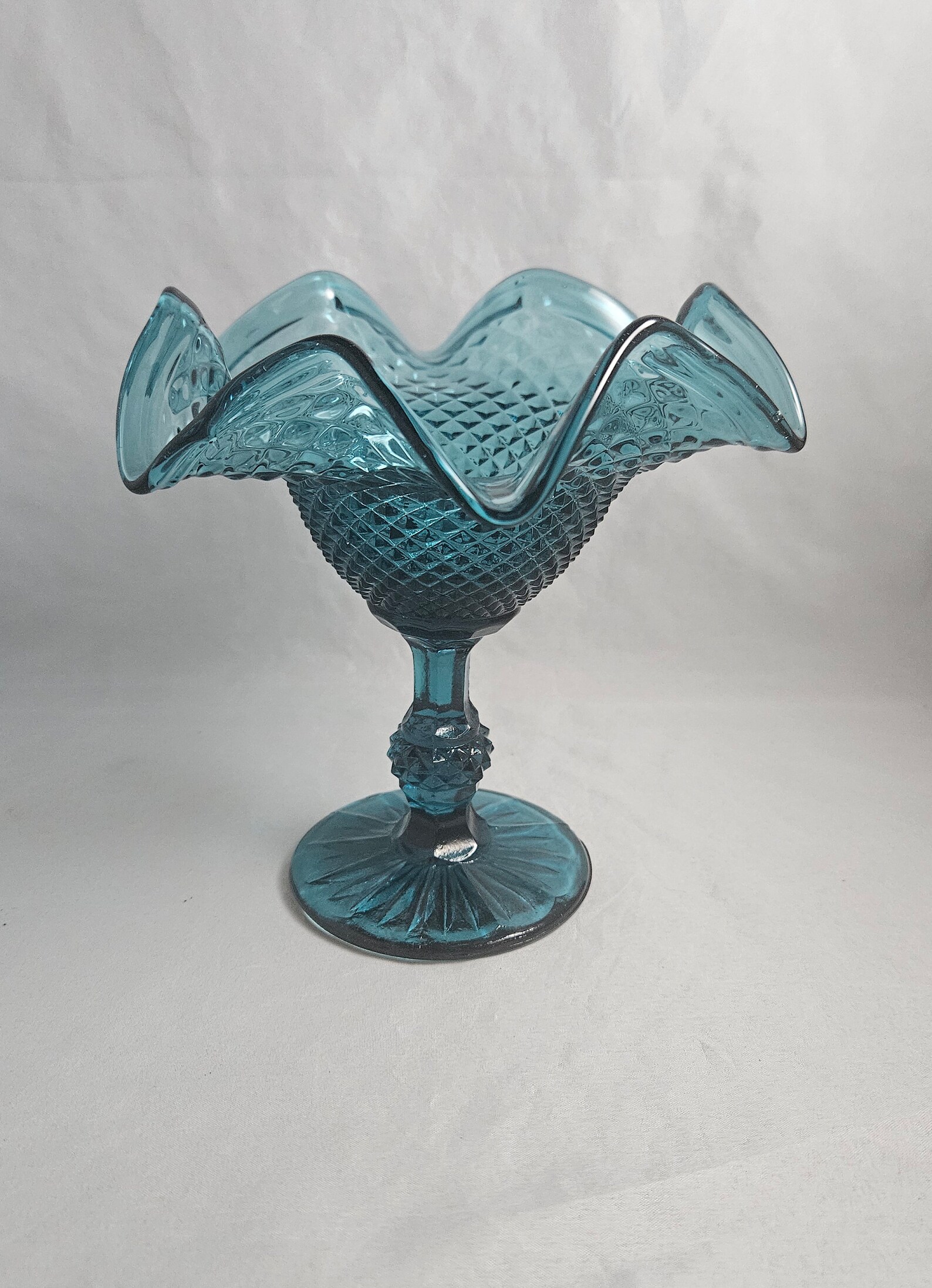 Vintage 1940s Ivima Glass Co Blue Diamond Teal Pedestal Compote Portugal Etsy