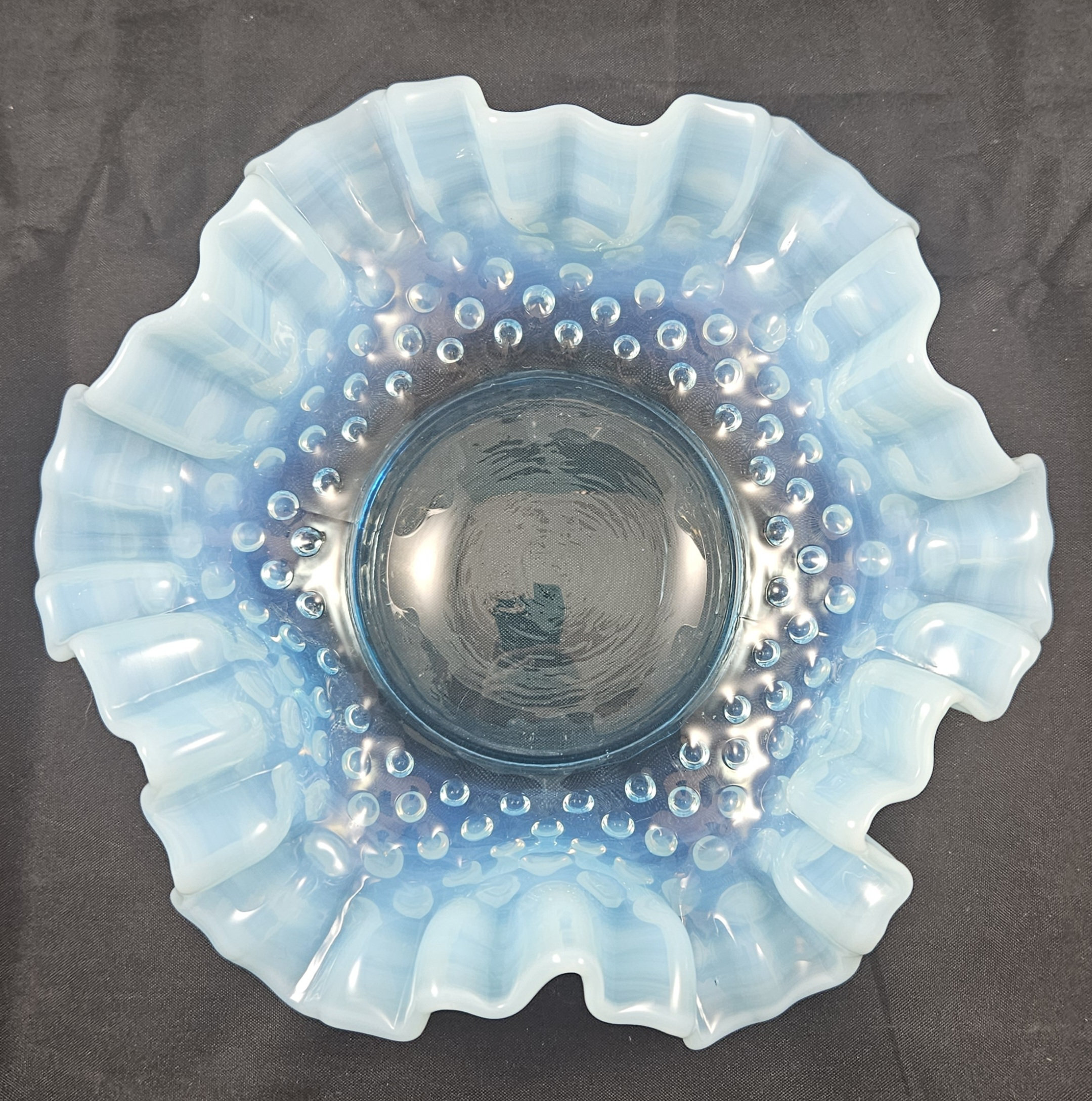 Vintage Fenton Blue Opalescent Hobnail Bowl/dish With Crimped Ruffle ...