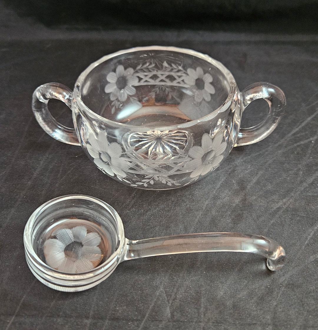 Etched Pressed Glass Condiment /open Sugar Server Set-bowl and Spoon ...