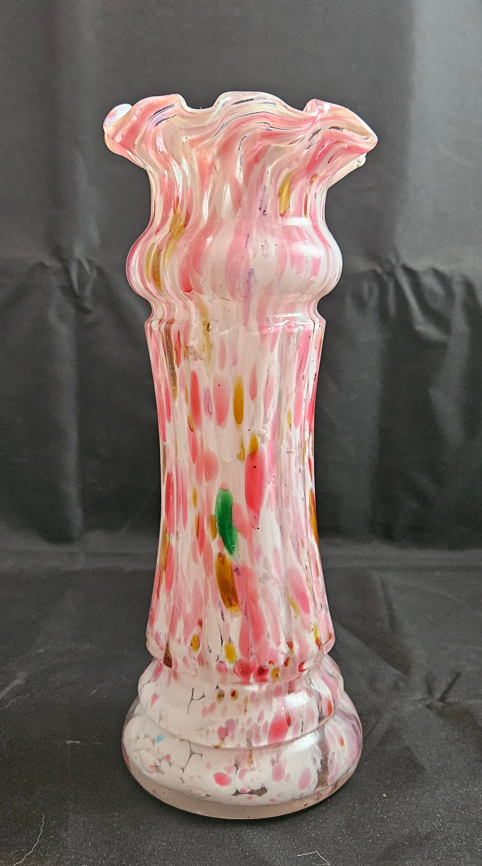 Vintage Tall Spatter Glass Vase With Ruffled Top End of Day Art Glass ...