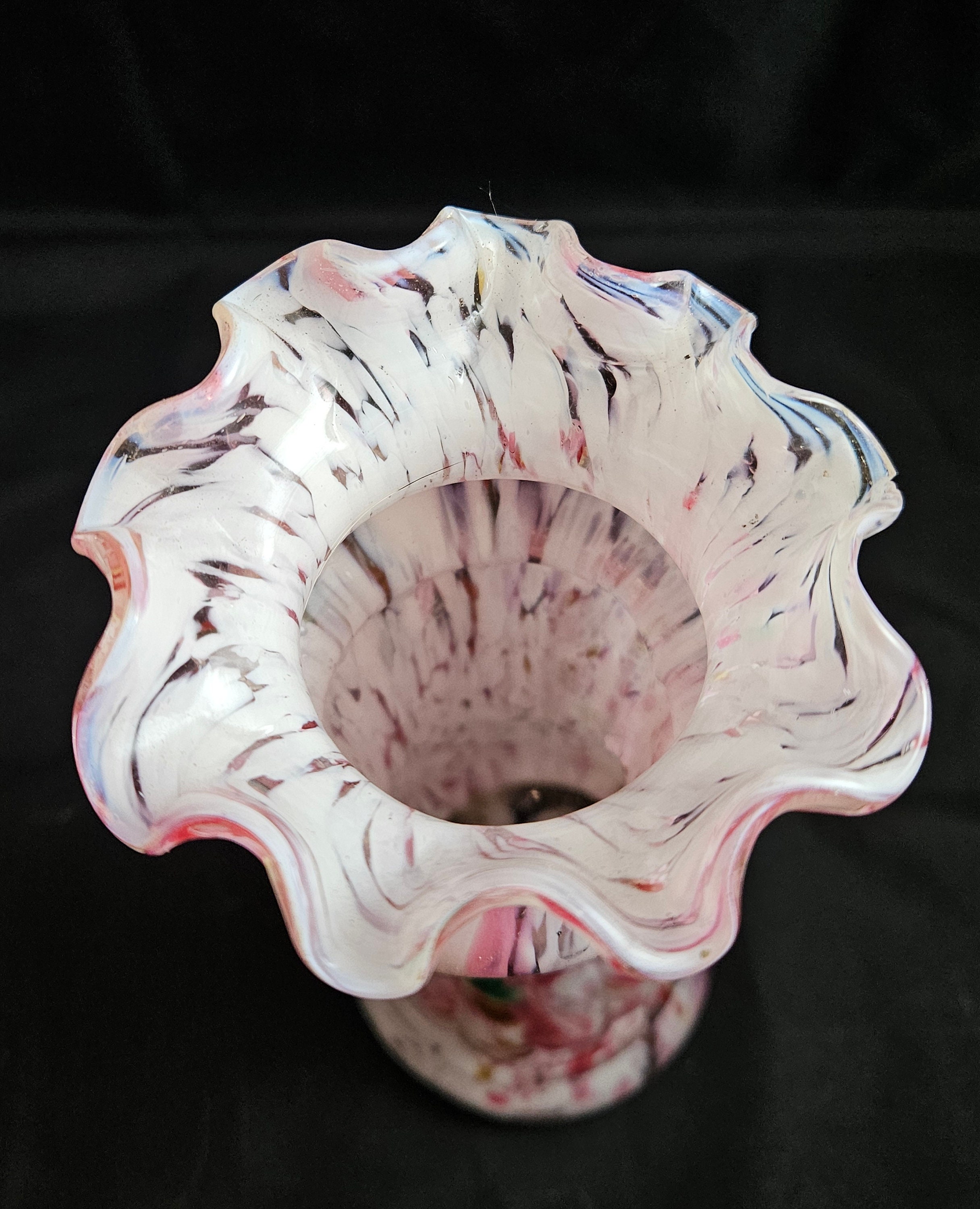 Vintage Tall Spatter Glass Vase With Ruffled Top End of Day Art Glass ...